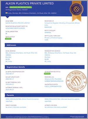 Alkon Plastics Certificates